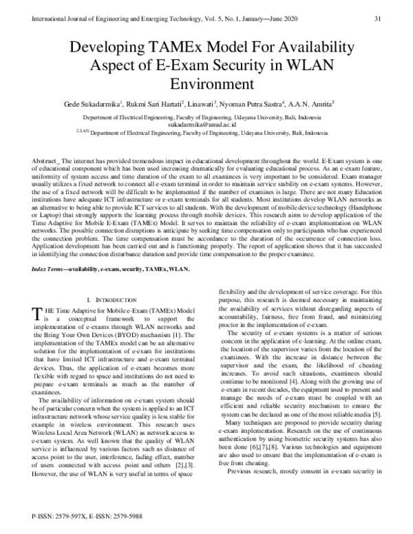 (PDF) Developing TAMEx Model For Availability Aspect of E-Exam Security in WLAN Environment