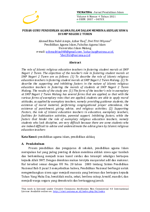 (PDF) Peran Guru Pendidikan Agama Islam Dalam Membina Akhlak Siswa DI ...