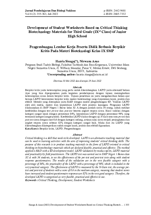 (PDF) Development of Student Worksheets Based on Critical Thinking Biotechnology Materials for ...