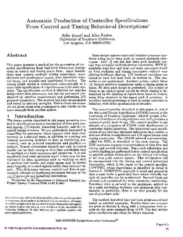(PDF) Automatic production of controller specifications from control and timing behavioral ...