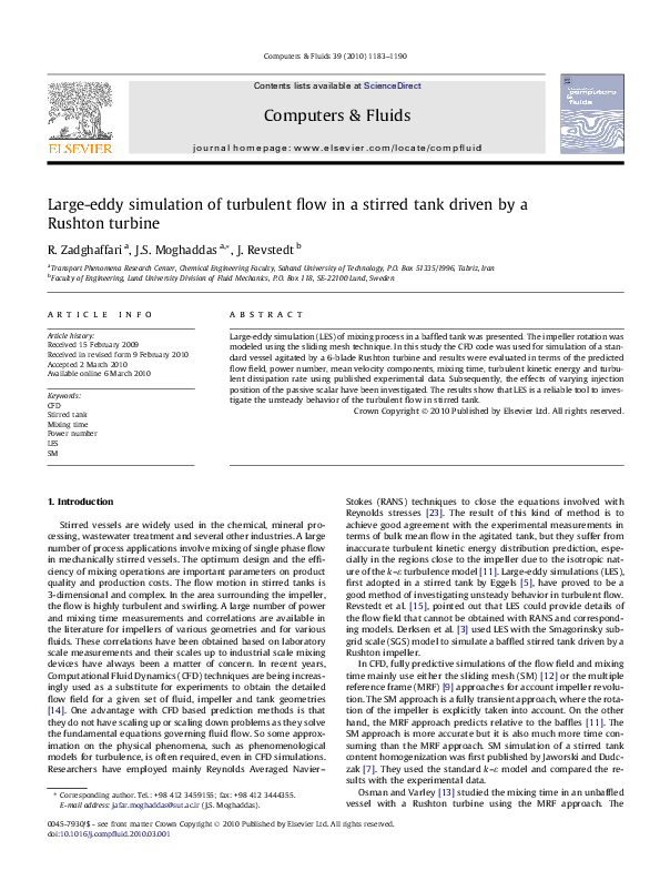 (PDF) Large-eddy simulation of turbulent flow in a stirred tank driven by a Rushton turbine