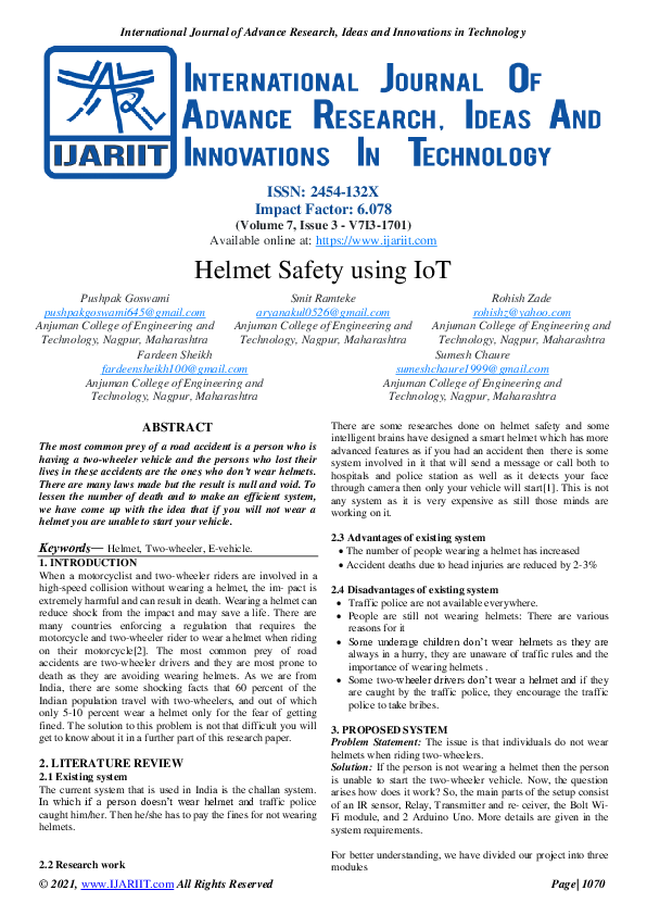 (PDF) Helmet Safety using IoT