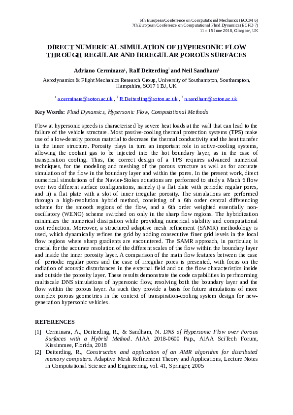 (PDF) Direct numerical simulation of hypersonic flow through regular and irregular porous surfaces