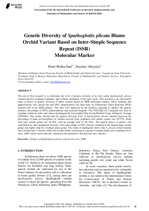 (PDF) Genetic Diversity of Spathoglottis plicata Blume Orchid Variant ...