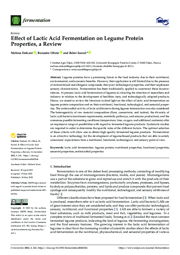 (PDF) Effect of Lactic Acid Fermentation on Legume Protein Properties, a Review