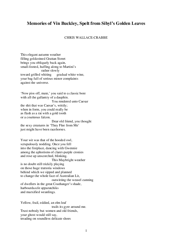(PDF) Memories of Vin Buckley, Spelt from Sibyl’s Golden Leaves [poem]