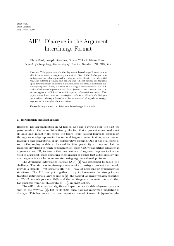 (PDF) Aif+: Dialogue In the Argument Interchange Format