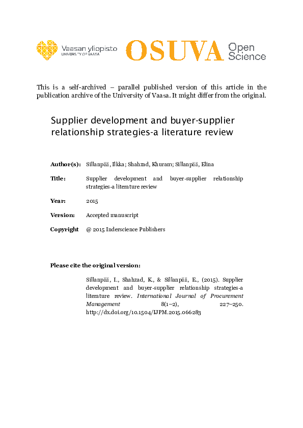 (PDF) Supplier development and buyer-supplier relationship strategies - a literature review