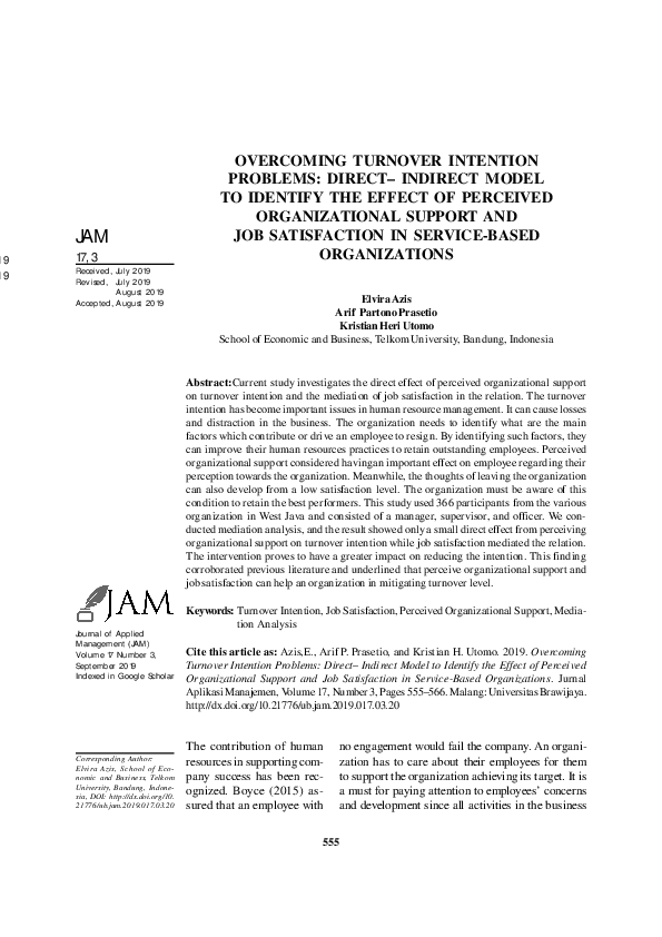 (PDF) Overcoming Turnover Intention Problems: Direct– Indirect Model to Identify the Effect of ...