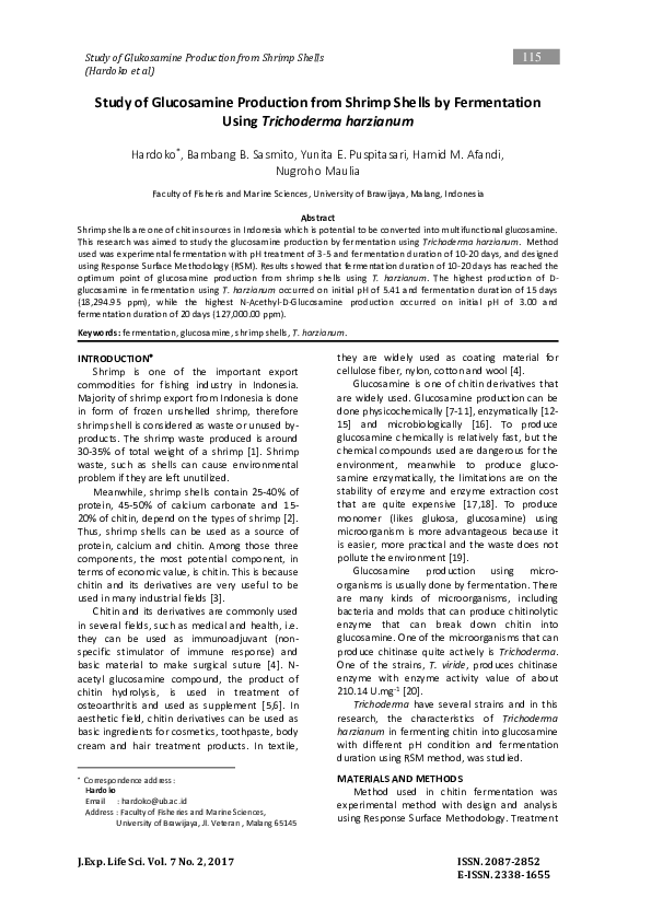 (PDF) Study of Glucosamine Production from Shrimp Shells by Fermentation Using Trichoderma harzianum