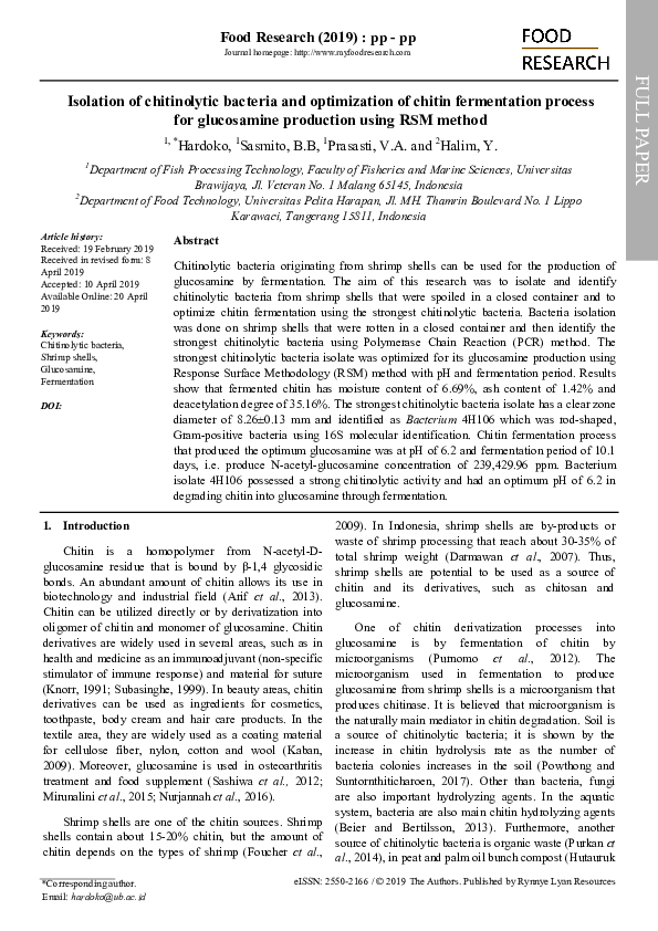 (PDF) Isolation of chitinolytic bacteria and optimization of chitin fermentation process for ...