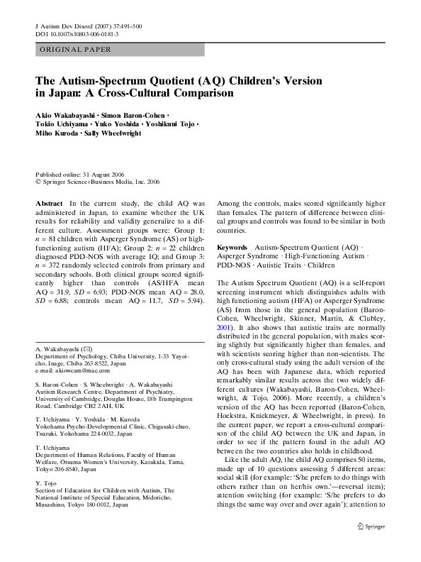 (PDF) The Autism-Spectrum Quotient (AQ) Children’s Version in Japan: A Cross-Cultural Comparison