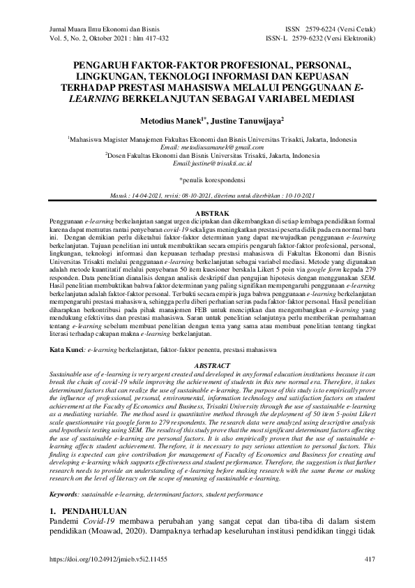 (PDF) Pengaruh Faktor-Faktor Profesional, Personal, Lingkungan, Teknologi Informasi Dan Kepuasan ...