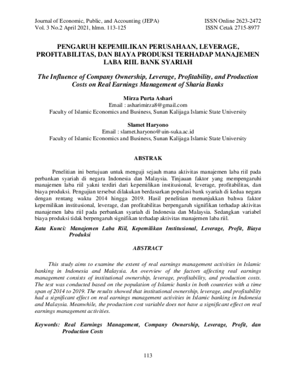 (PDF) Pengaruh Kepemilikan Perusahaan, Leverage, Profitabilitas, Dan Biaya Produksi Terhadap ...