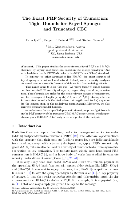 (PDF) The Exact PRF Security of Truncation: Tight Bounds for Keyed ...