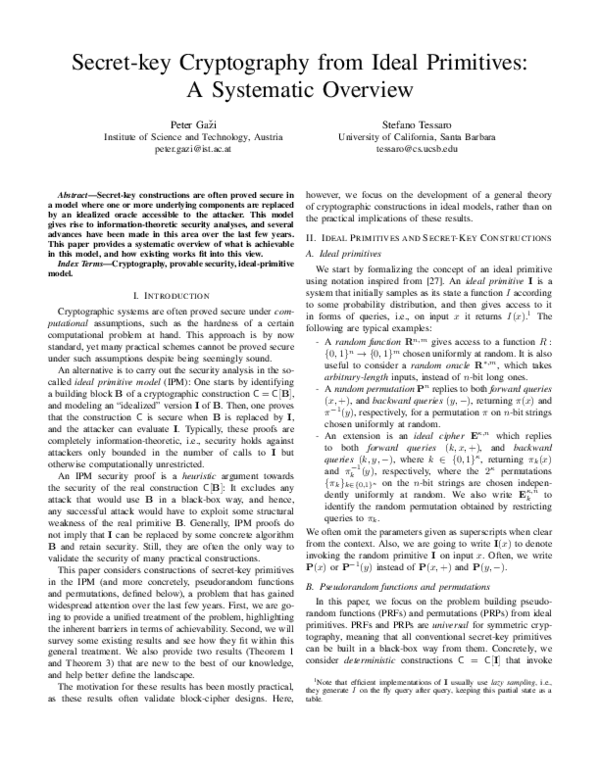 Pdf Secret Key Cryptography From Ideal Primitives A Systematic Overview