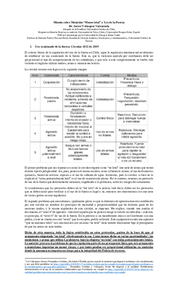 (PDF) Minuta sobre Munición "Menos letal" y Uso de la Fuerza