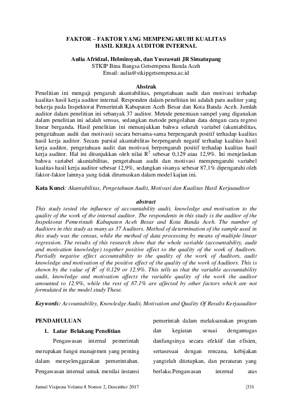 (PDF) Faktor – Faktor Yang Mempengaruhi Kualitas Hasil Kerja Auditor ... (PDF) Faktor – Faktor Yang Mempengaruhi Kualitas Hasil Kerja Auditor ...