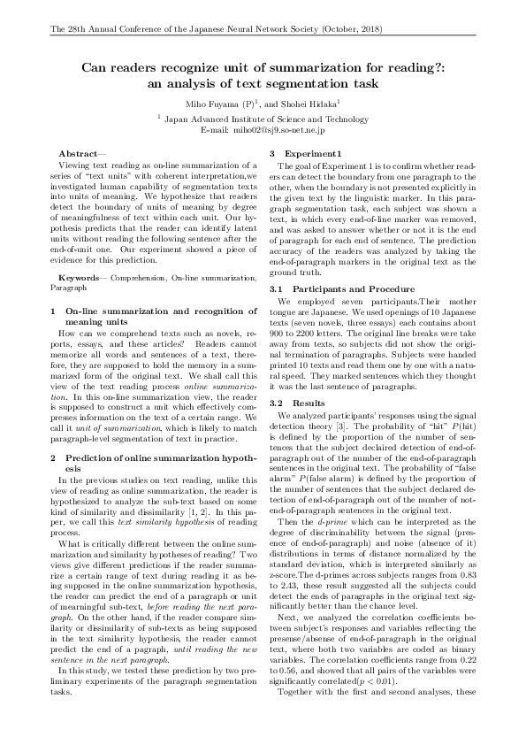 (PDF) Can readers recognize unit of summarization for reading?: an analysis of text segmentation ...