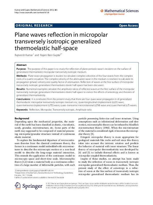 (PDF) Reflection of Waves in Thermoelastic Media