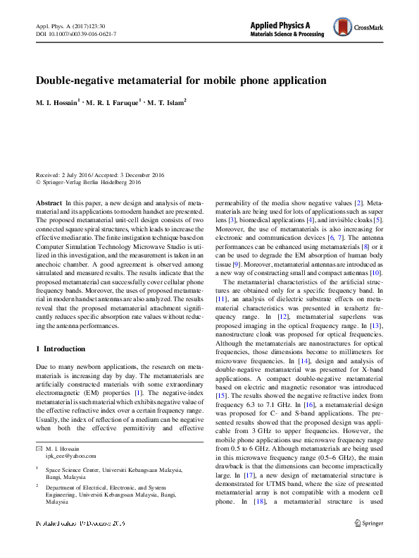 (PDF) Double-negative metamaterial for mobile phone application