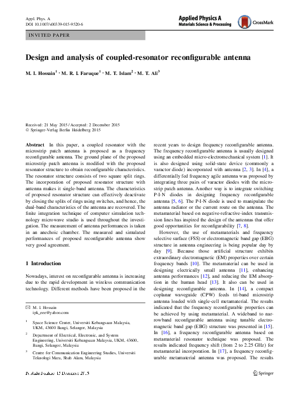 (PDF) Design and analysis of coupled-resonator reconfigurable antenna