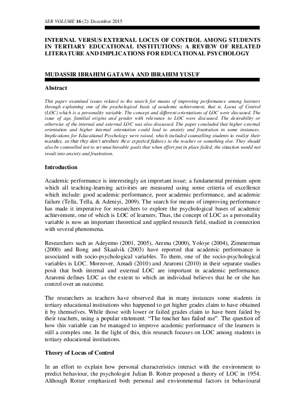 (PDF) Internal Versus External Locus of Control Among Students in Tertiary Educational ...