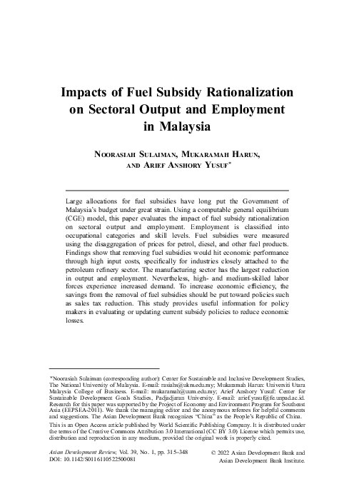 (PDF) Impacts of Fuel Subsidy Rationalization on Sectoral Output and Employment in Malaysia