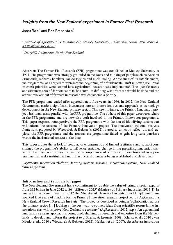 (PDF) Insights from the New Zealand experiment in Farmer First Research