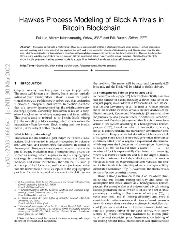 Pdf Hawkes Process Modeling Of Block Arrivals In Bitcoin Blockchain