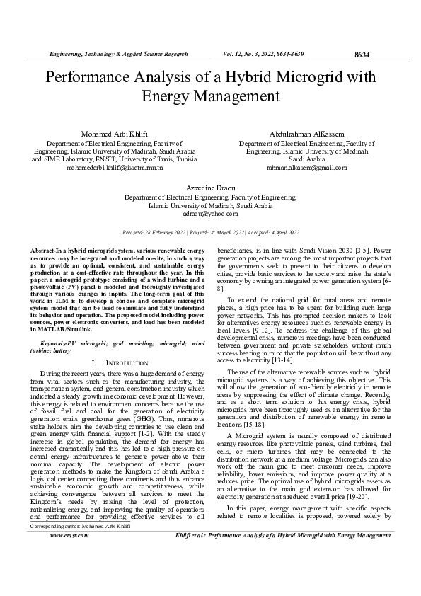Pdf Performance Analysis Of A Hybrid Microgrid With Energy Management