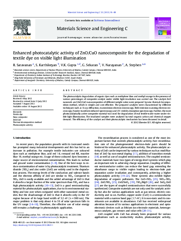 (PDF) Enhanced photocatalytic activity of ZnO/CuO nanocomposite for the ...