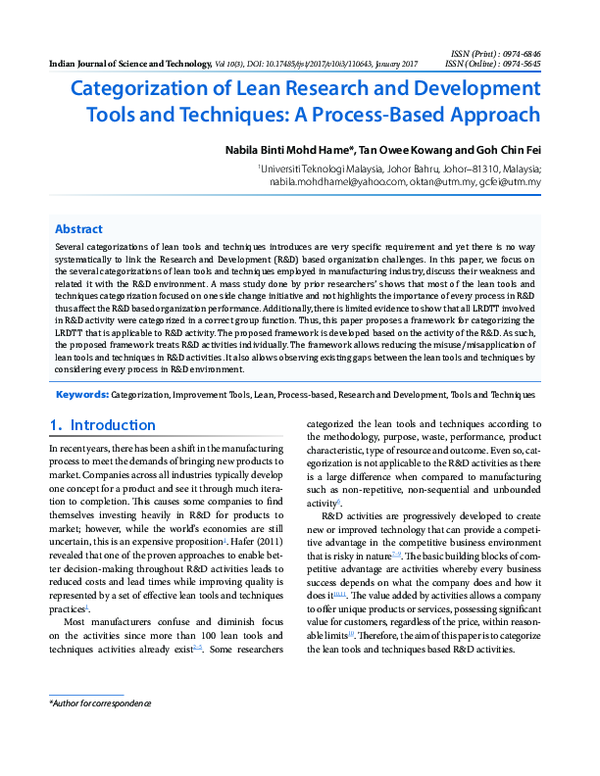 (PDF) Categorization of Lean Research and Development Tools and ...