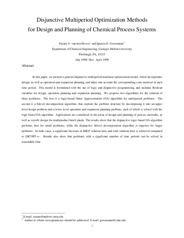 (PDF) Disjunctive multiperiod optimization methods for design and planning of chemical process ...