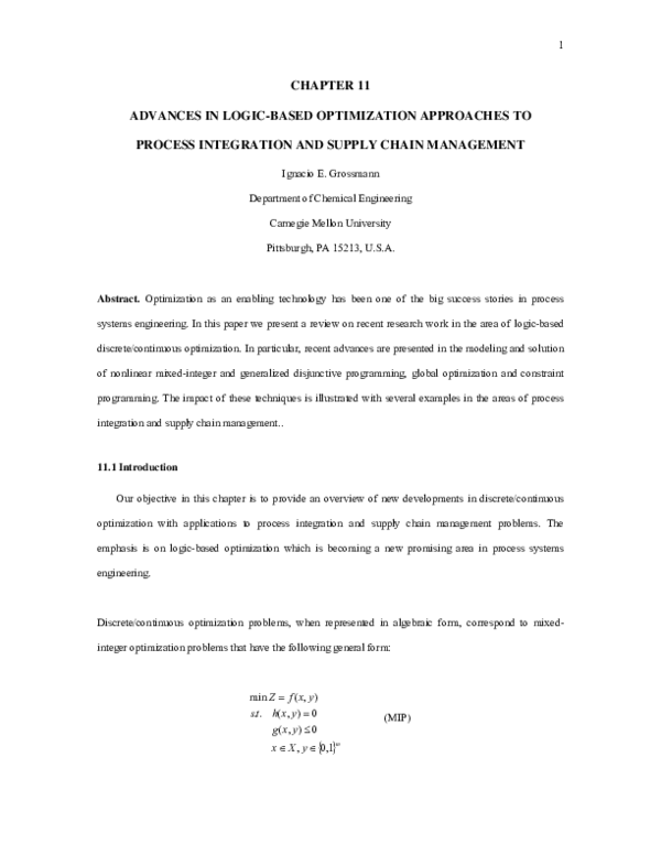 Advances in Logic-Based Optimization Approaches to Process Integration and Supply Chain Management