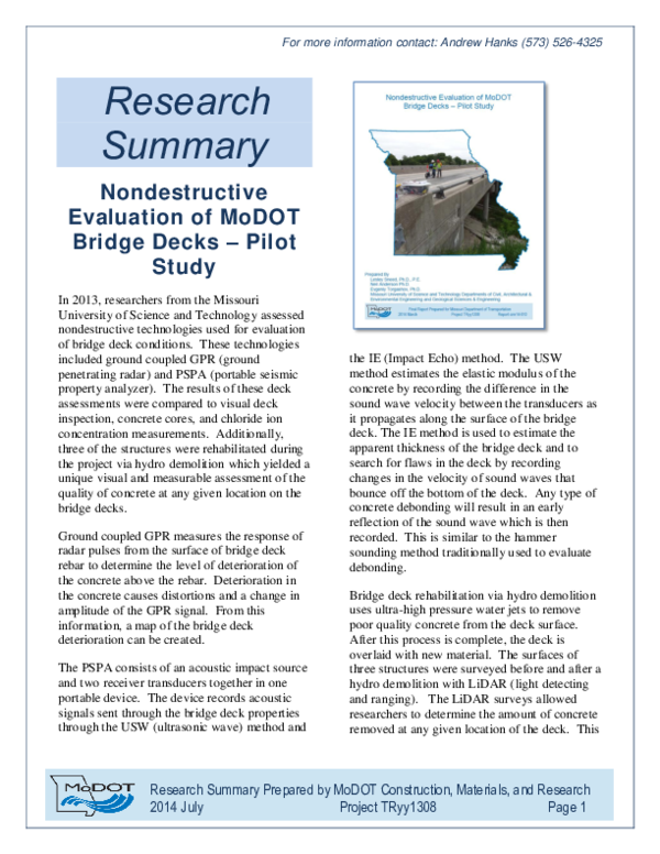 (PDF) Non-Destructive Evaluation of MoDOT Bridge Decks – Pilot Study | Evgeniy Torgashov ...