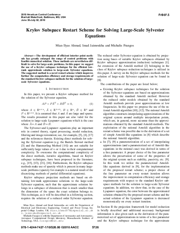 (PDF) Krylov subspace restart scheme for solving large-scale Sylvester ... (PDF) Krylov subspace restart scheme for solving large-scale Sylvester ...
