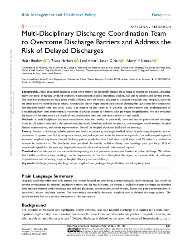 (PDF) Multi-Disciplinary Discharge Coordination Team to Overcome ...