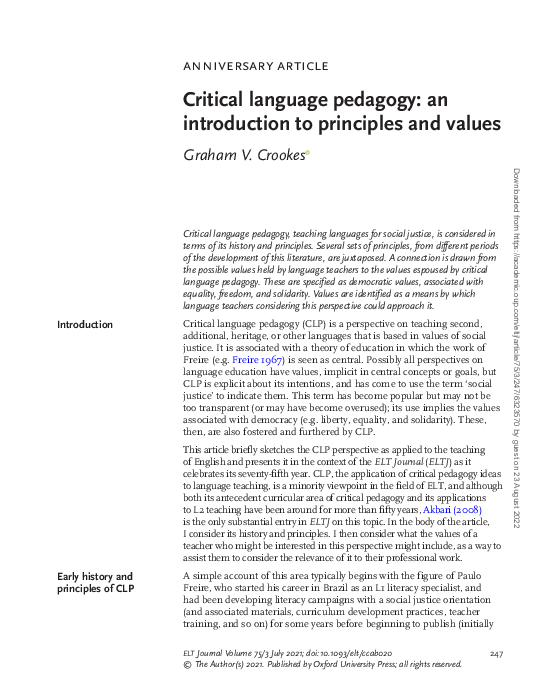 (PDF) Critical language pedagogy: an introduction to principles and values