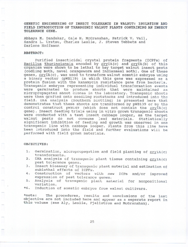 (PDF) Genetic Engineering of Insect Tolerance in Walnut : Isolation and ...