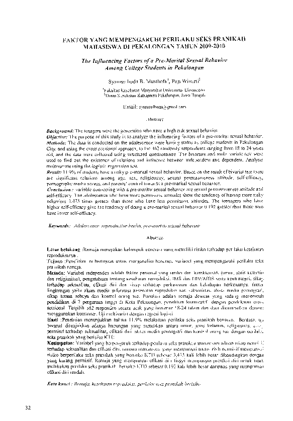 (PDF) Faktor Yang Mempengaruhi Perilaku Seks Pranikah Mahasiswa DI Pekalongan Tahun 2009-2010