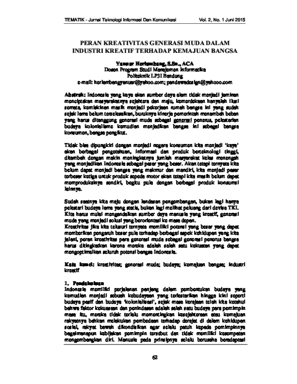 (PDF) Peran Kreativitas Generasi Muda Dalam Industri Kreatif Terhadap Kemajuan Bangsa
