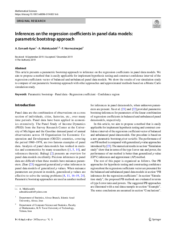 (PDF) Inferences on the regression coefficients in panel data models: parametric bootstrap approach