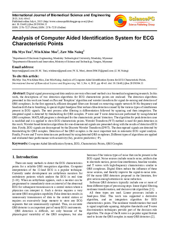 Pdf Analysis Of Computer Aided Identification System For Ecg