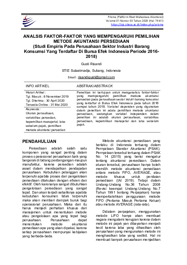 (PDF) ANALSIS FAKTOR-FAKTOR YANG MEMPENGARUHI PEMILIHAN METODE AKUNTANSI PERSEDIAAN (Studi ...