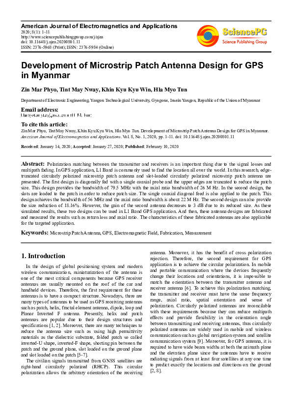 (PDF) Development of Microstrip Patch Antenna Design for GPS in Myanmar