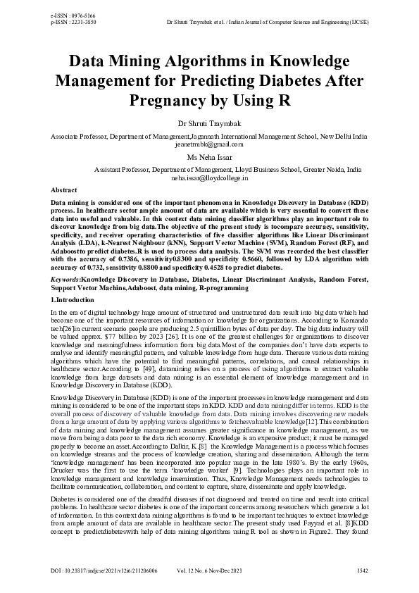 Pdf Data Mining Algorithms In Knowledge Management For Predicting