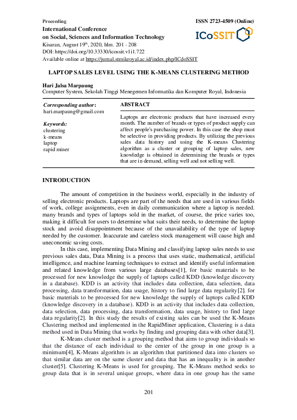 (PDF) Laptop Sales Level Using the K-Means Clustering Method