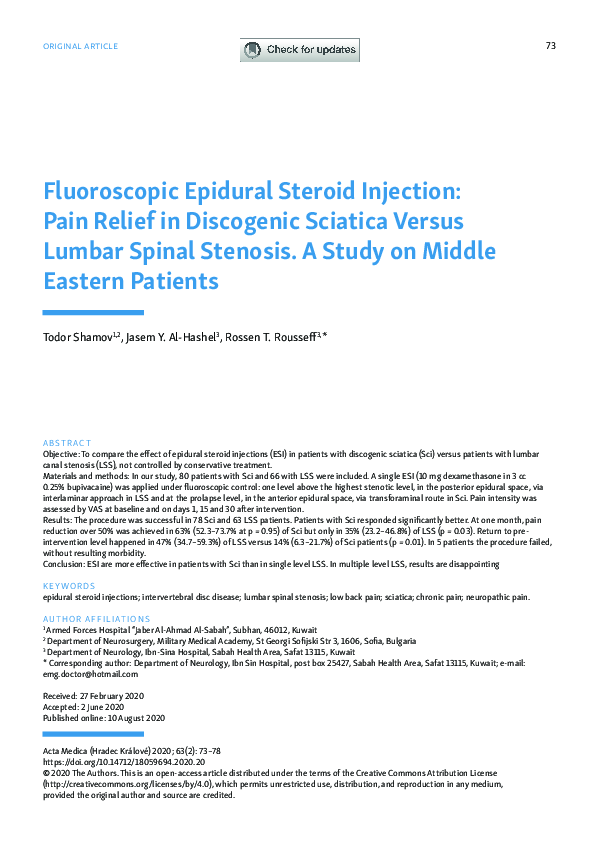 (PDF) Fluoroscopic Epidural Steroid Injection: Pain Relief in ...