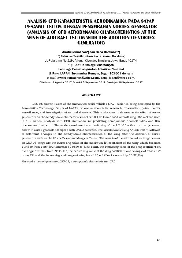 (PDF) Analisis CFD Karakteristik Aerodinamika Pada Sayap Pesawat LSU-05 Dengan Penambahan Vortex ...